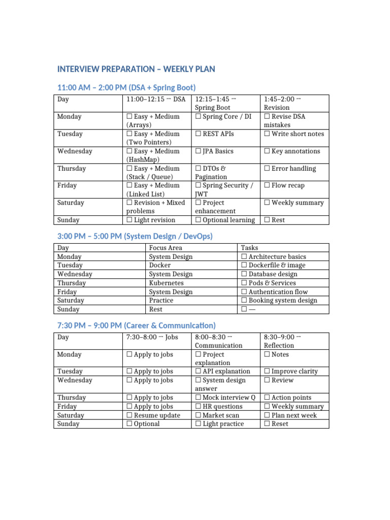 Interview Preparation Weekly Plan | PDF | Computer Engineering ...
