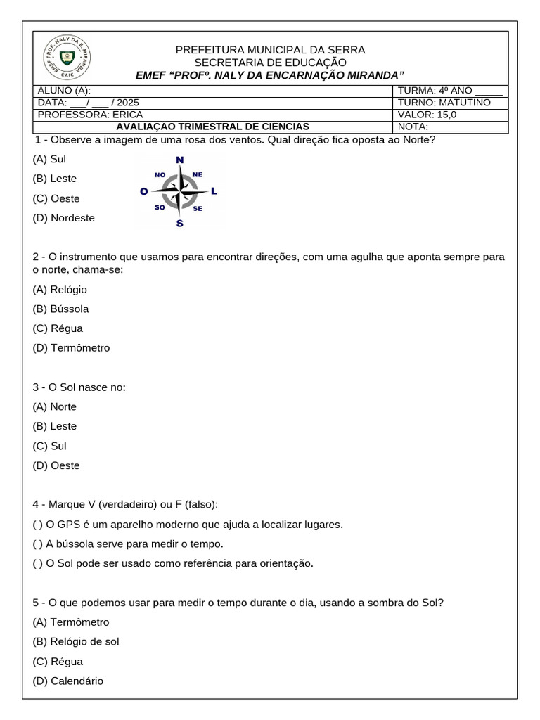 Avaliação Trimestral de Ciências, História e Geografia Recuperação ...