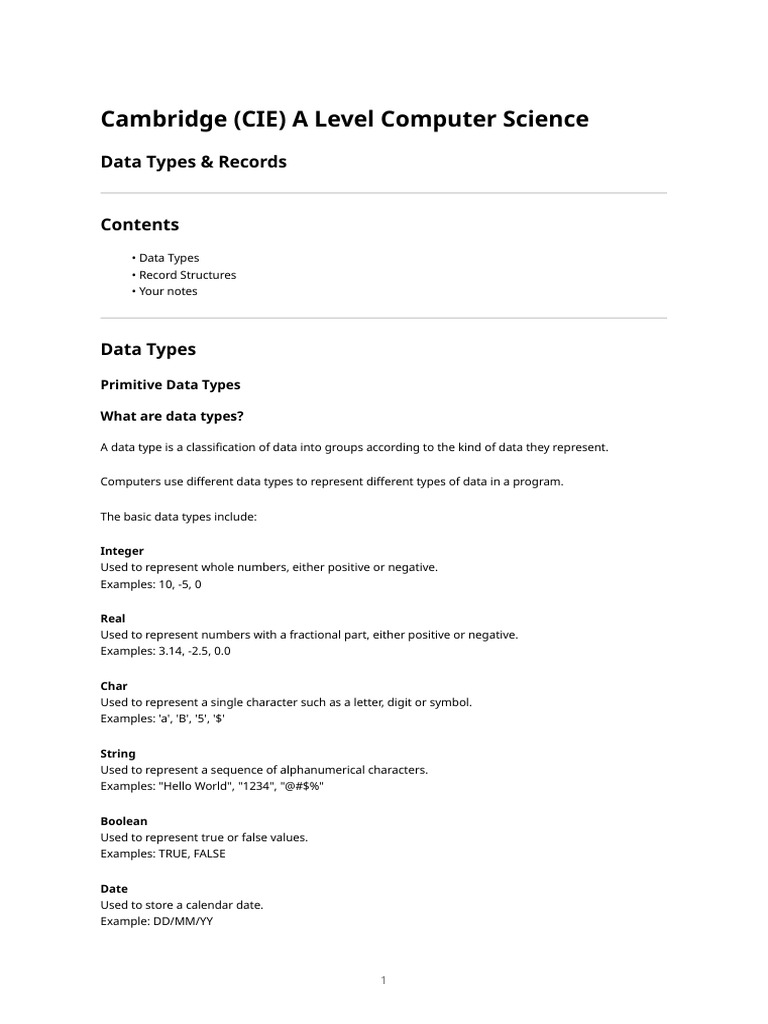 Data Types and Records - Retyped Notes | PDF | Data Type | Boolean Data ...