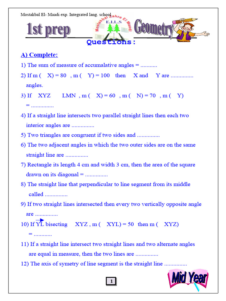 1st Prep Geometry Mid Year | PDF | Angle | Triangle
