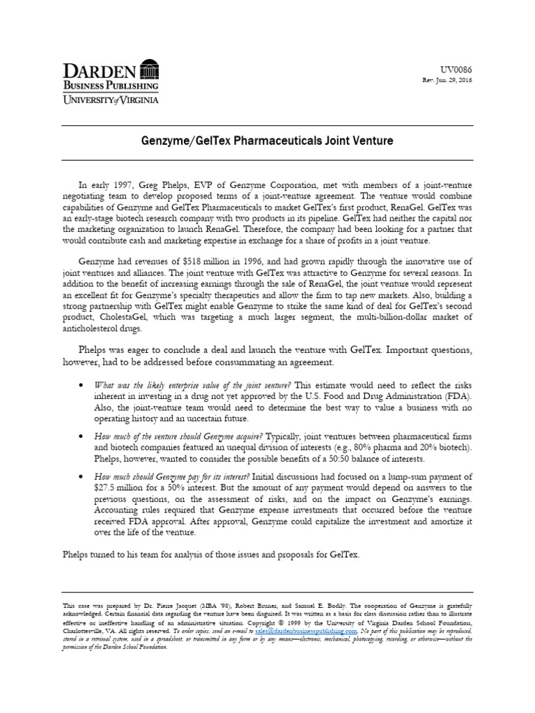 Case Genzyme-Geltex Pharmaceuticals Joint Venture | PDF | Clinical ...
