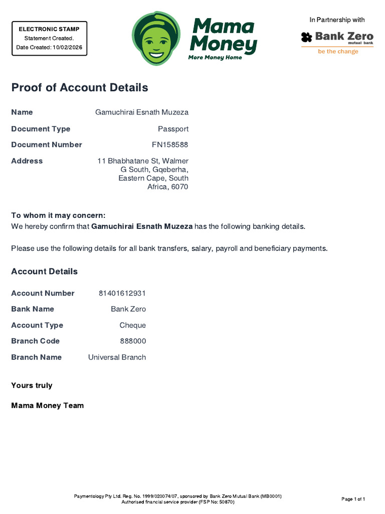 Gamuchirai Esnath Muzeza Proof of Account 2026-02-10 | PDF