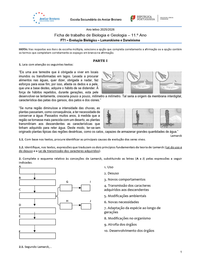 FT1 - Lamarck e Darwin+ Correção | PDF | Seleção natural | Evolução