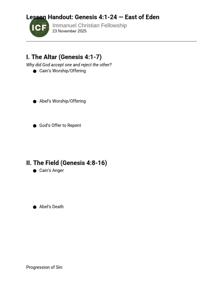 Lesson Handout - Genesis 4-1-24 - The Birth of Sin's Kingdom | PDF