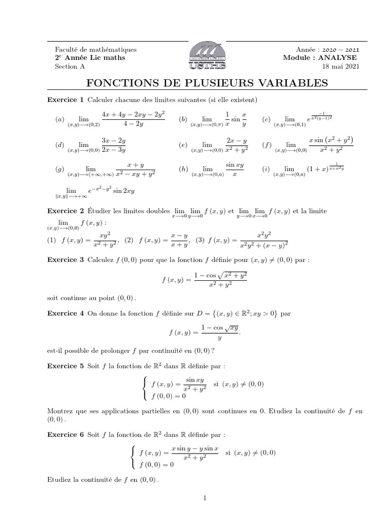 Fonctions de Plusieurs Variables | PDF | Mathématiques | Analyse ...