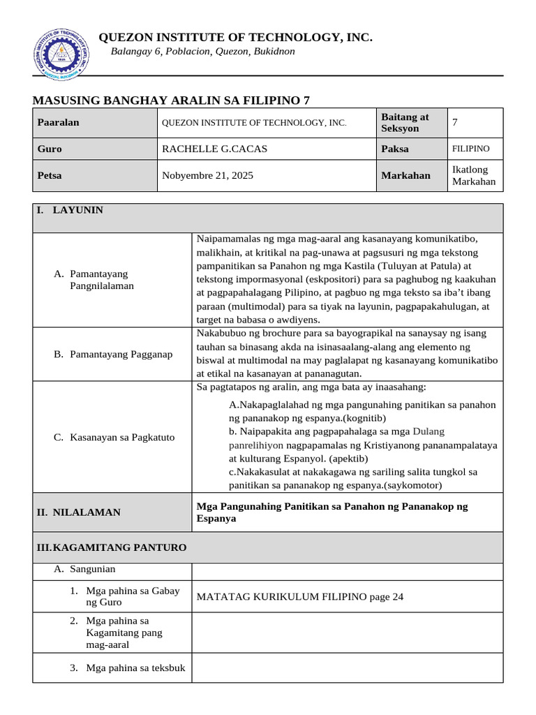 Lesson Plan Filipino 7 | PDF