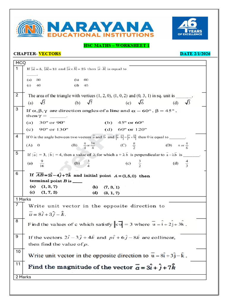 Hsc Maths Vectors Ws1_ 2-1-26 | PDF