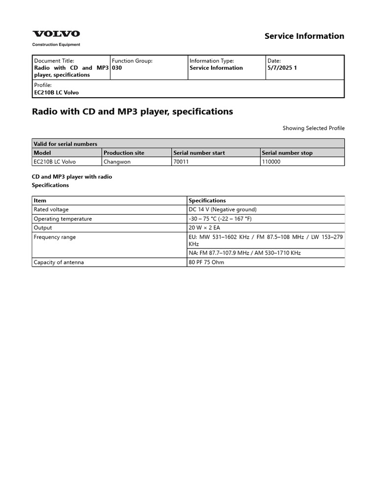 00044 Radio With CD and MP3 Player, Specifications | PDF