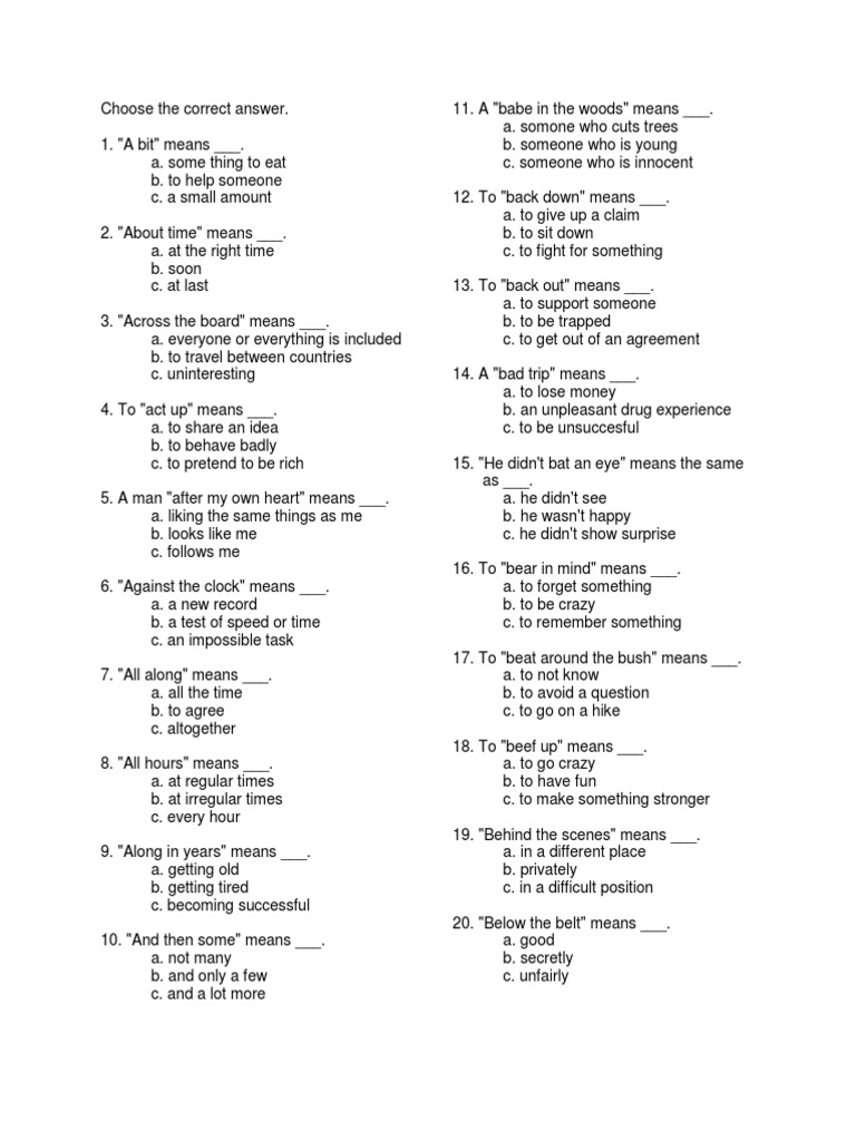 Idioms Quiz: Choose the Correct Meaning | PDF | Home & Garden