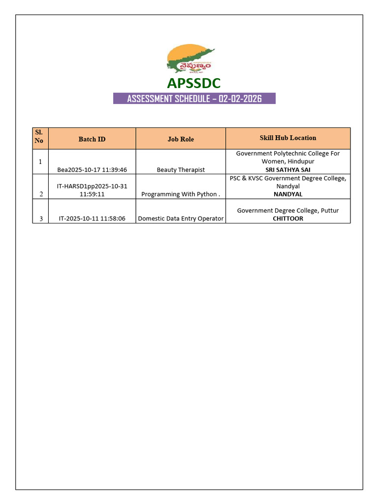 02 02 2026 APSSDC Assessment Schedule . | PDF