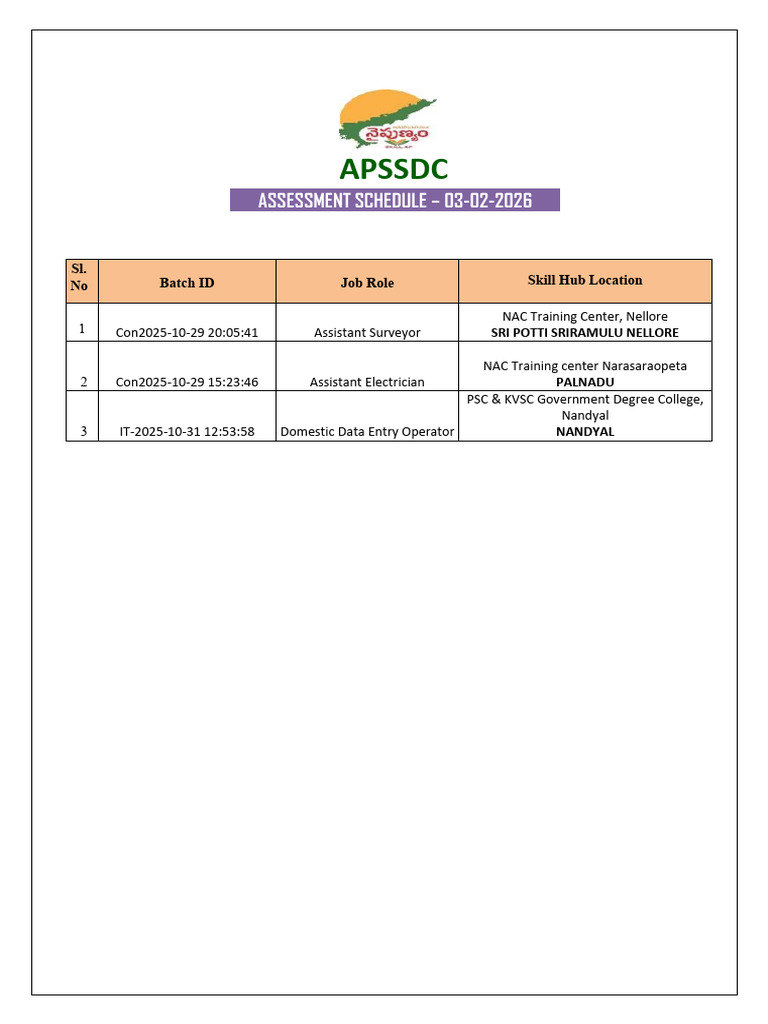 03 02 2026 APSSDC Assessment Schedule . | PDF