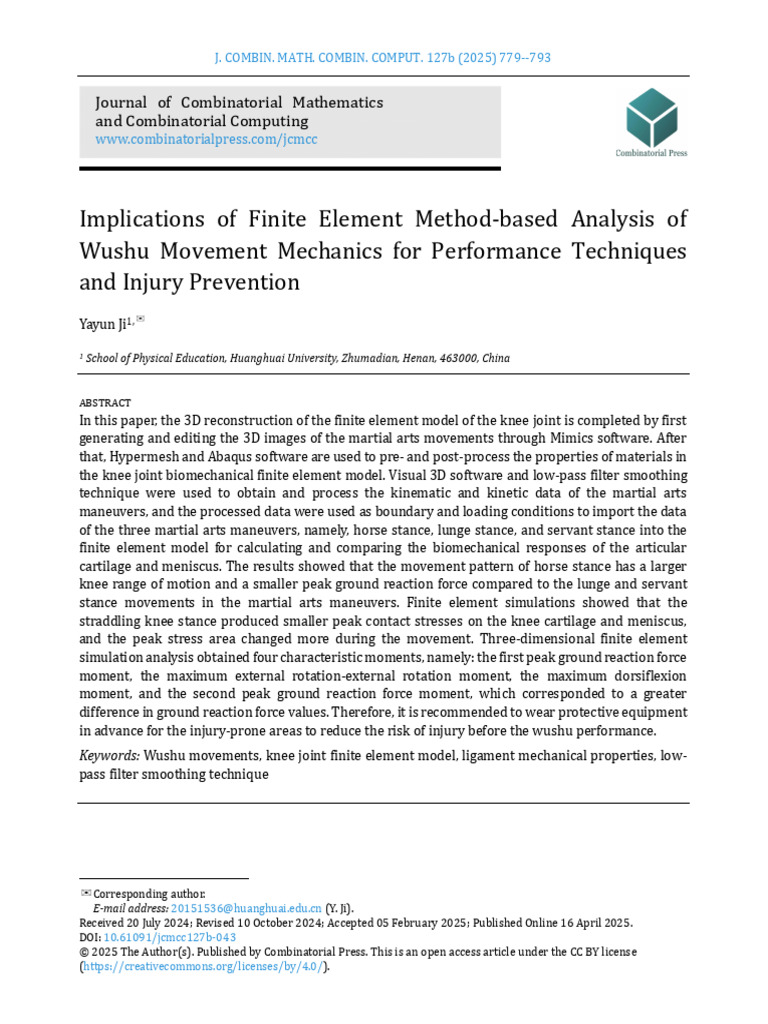 Implications of Finite Element Method Based Analysis of Wushu Movement ...