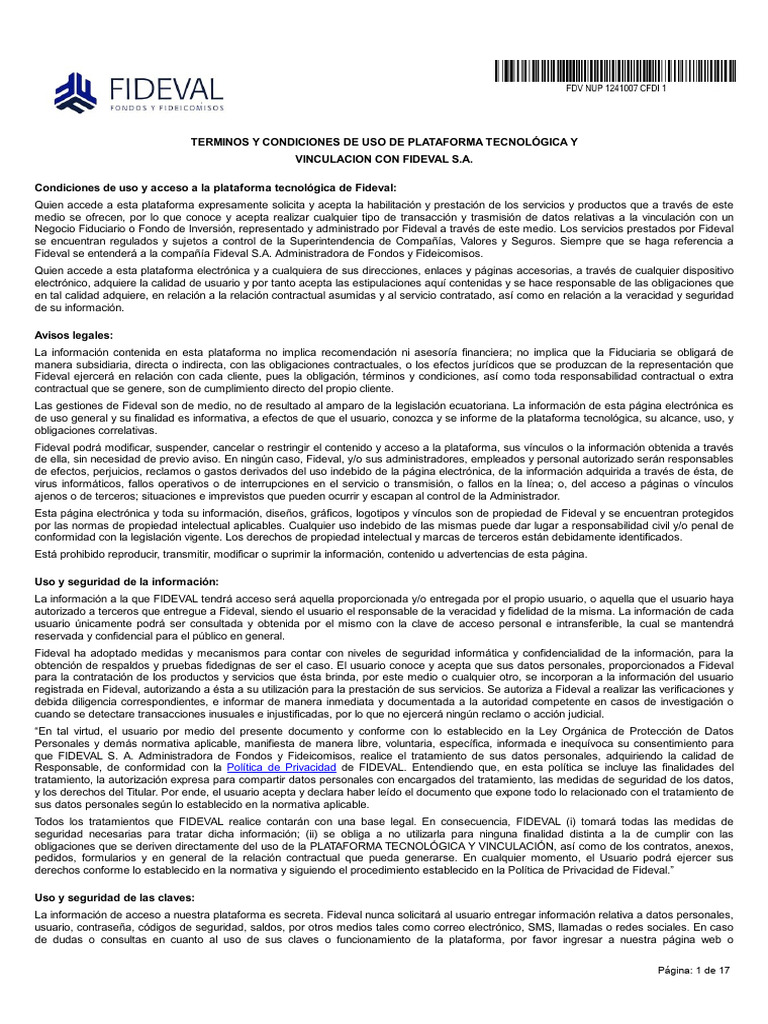 Terminos Y Condiciones de Uso de Plataforma Tecnológica Y Vinculacion ...