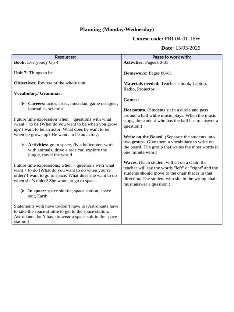 Everybody Up 4, Review, (Units 7) . | PDF
