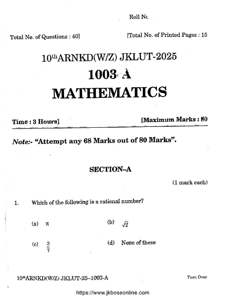JK Bose Class 10 Mathematics 1003 A 2025 | PDF