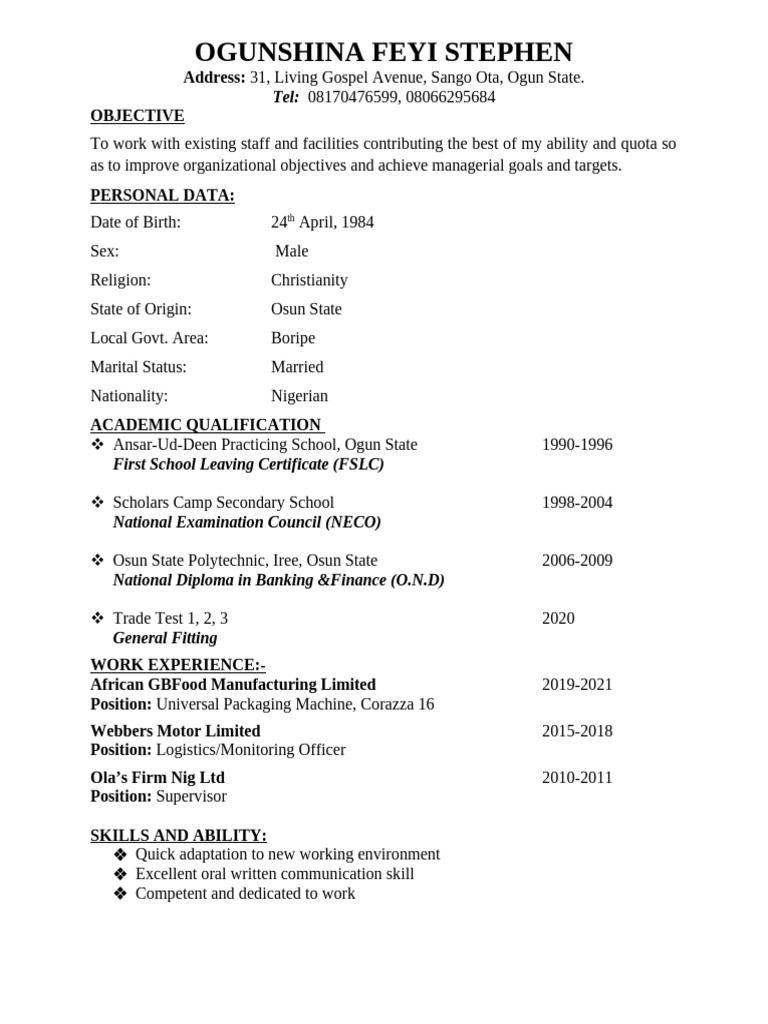 Ogunshina Feyi Stephen Cv | PDF
