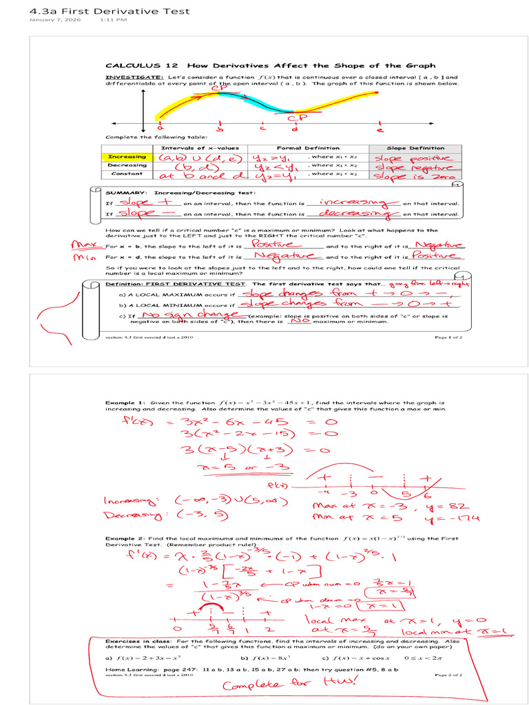 4.3a First Derivative Test | PDF
