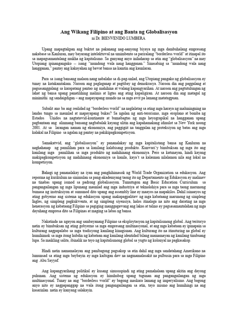 I. Ang Wikang Filipino at Ang Banta Ng Globalisasyon Ni Dr. Bienvenido ...