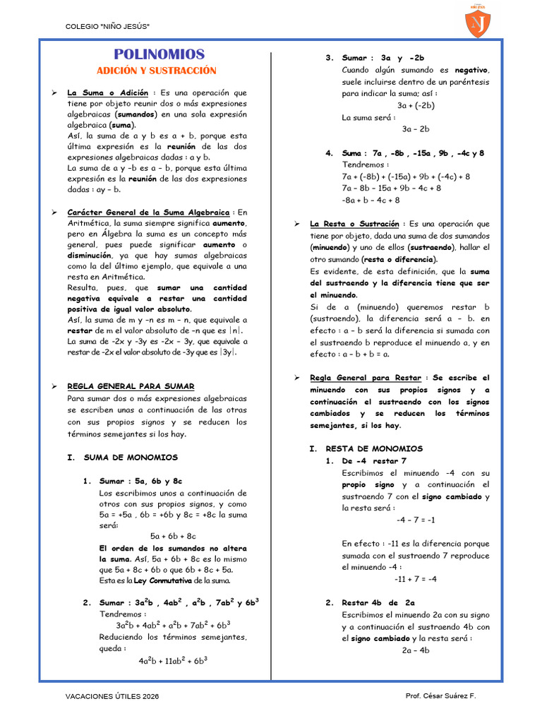 Polinomios Suma y Resta - Vu2026 | PDF | Sustracción | Aritmética