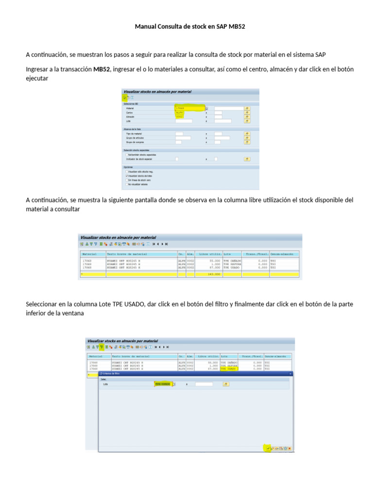 Manual Consulta de Stock en SAP MB52 | PDF
