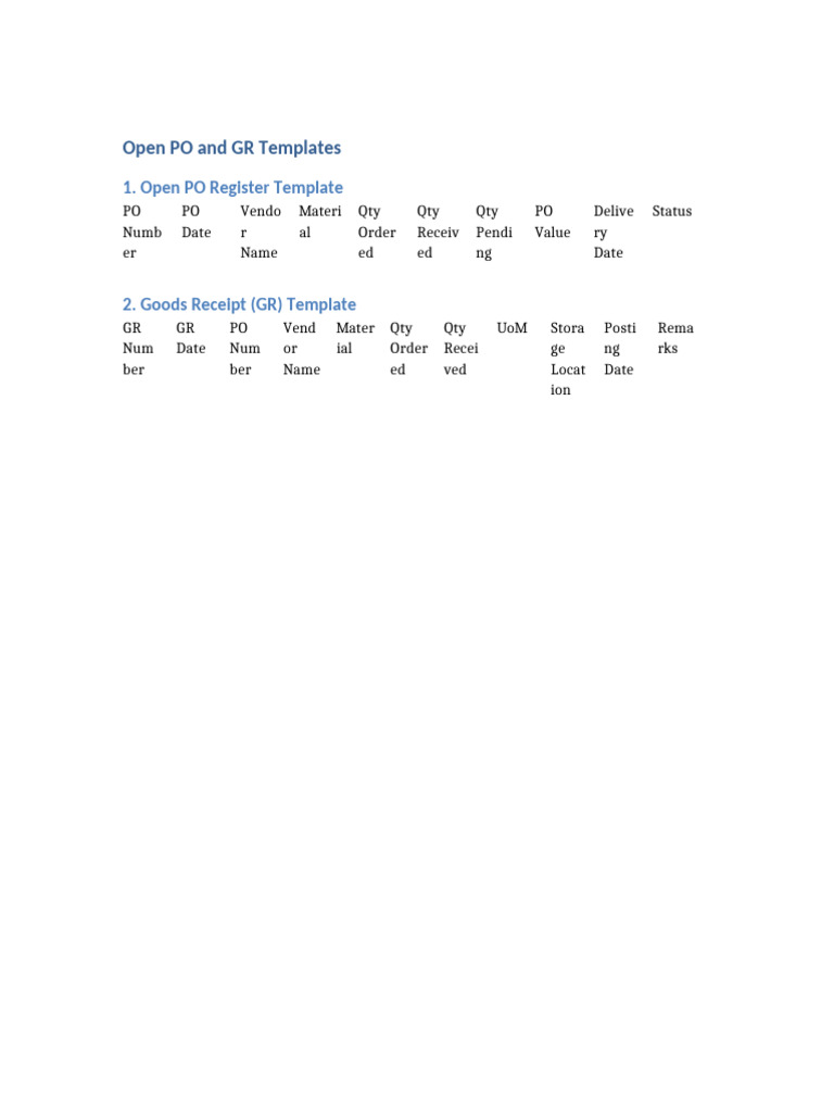 Open PO GR Template | PDF