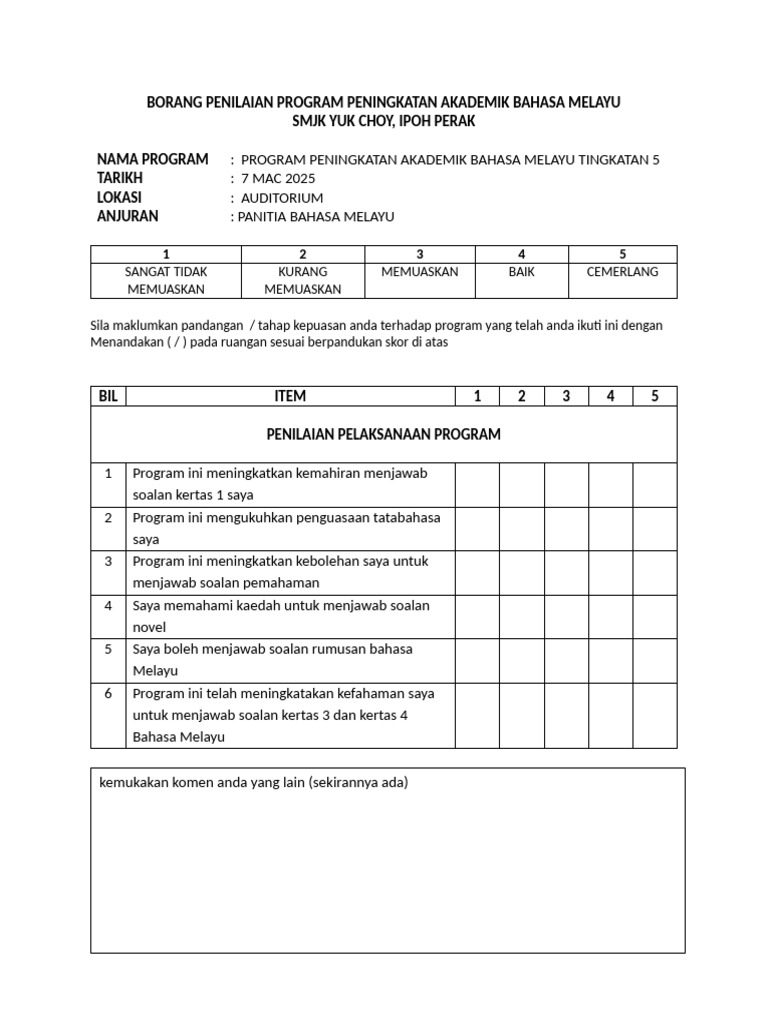 Borang Penilaian Program Peningkatan Akademik Bahasa Melayu | PDF