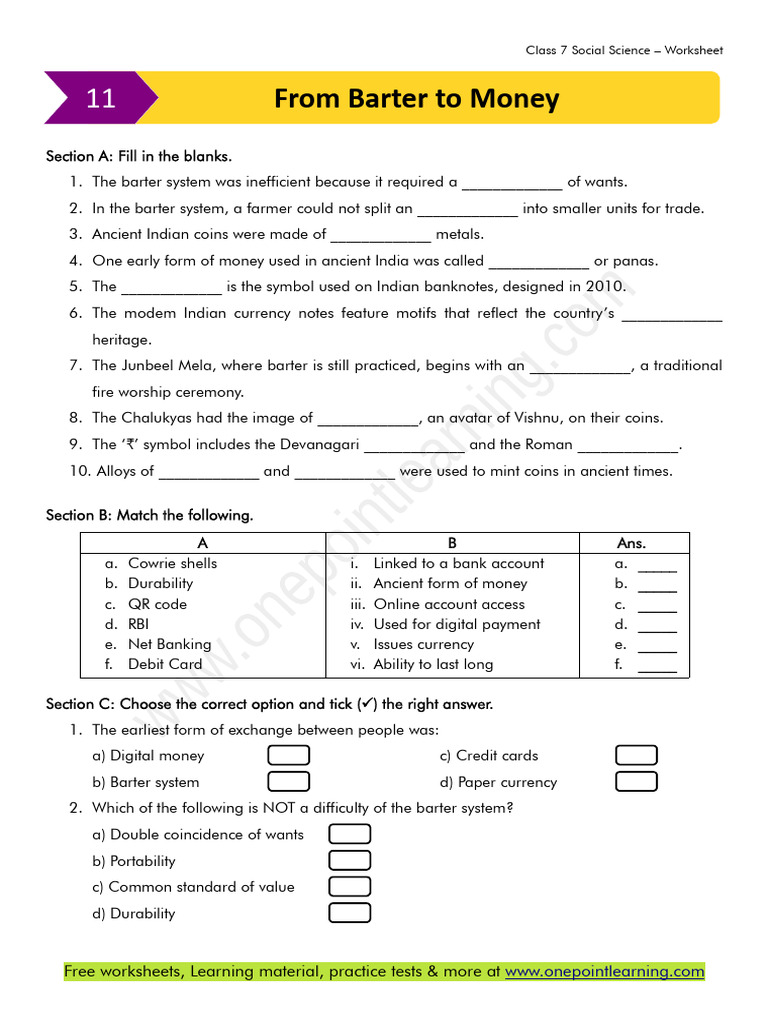 Social Science Class 7 Chapter 11 From Barter To Money Worksheet | PDF ...