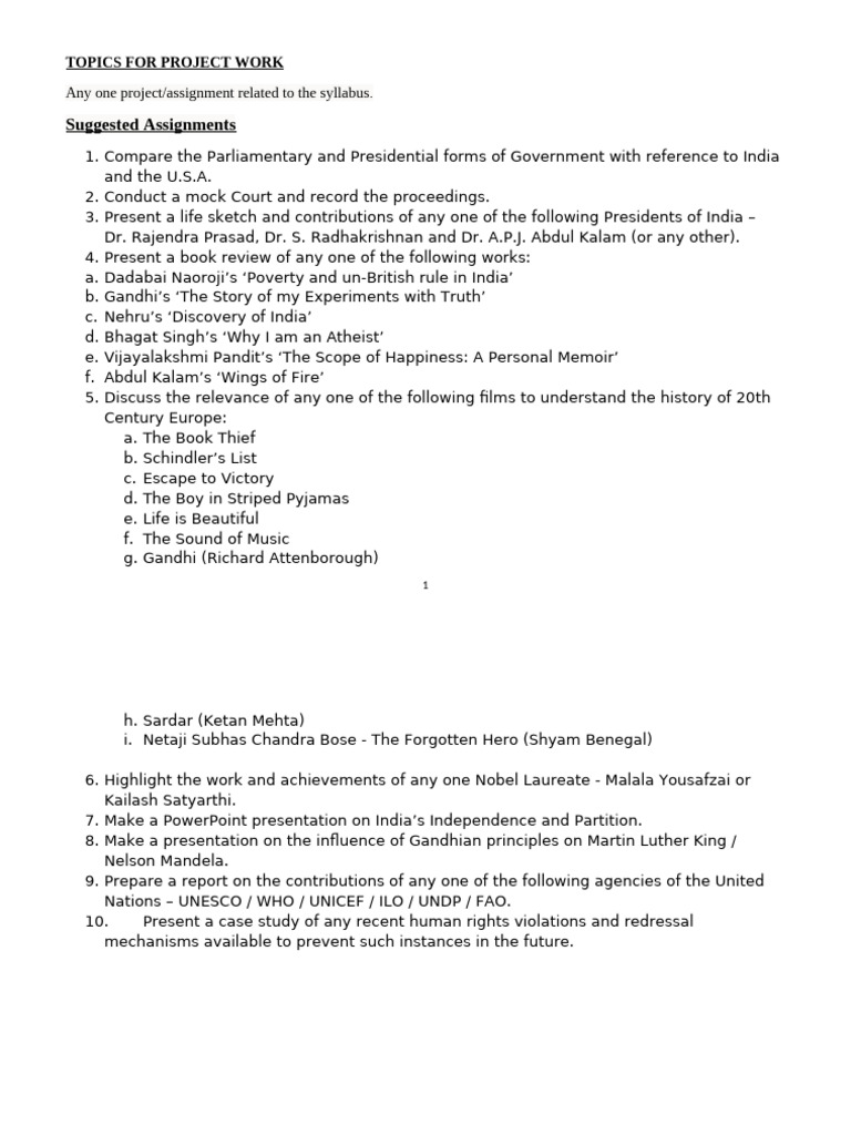 Gr 10 Topics for Project Work (1) | PDF