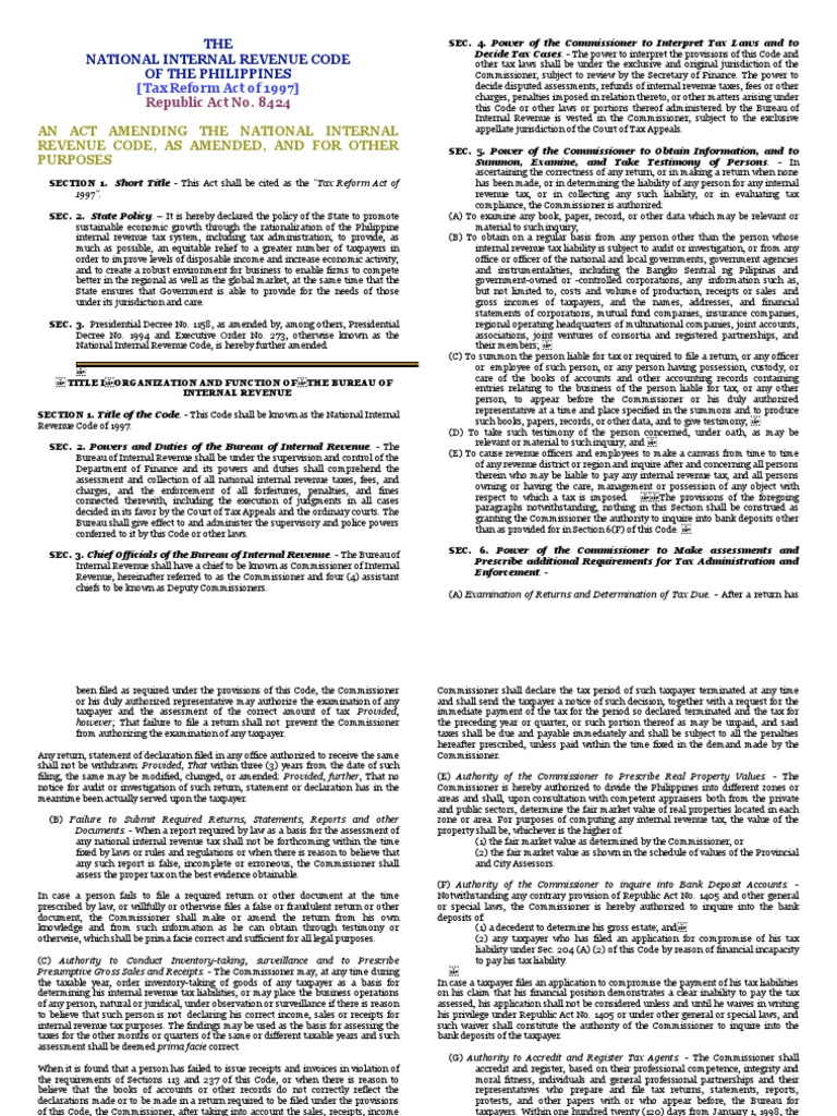 Republic Act No. 8424: (Tax Reform Act of 1997) | PDF | Internal ...