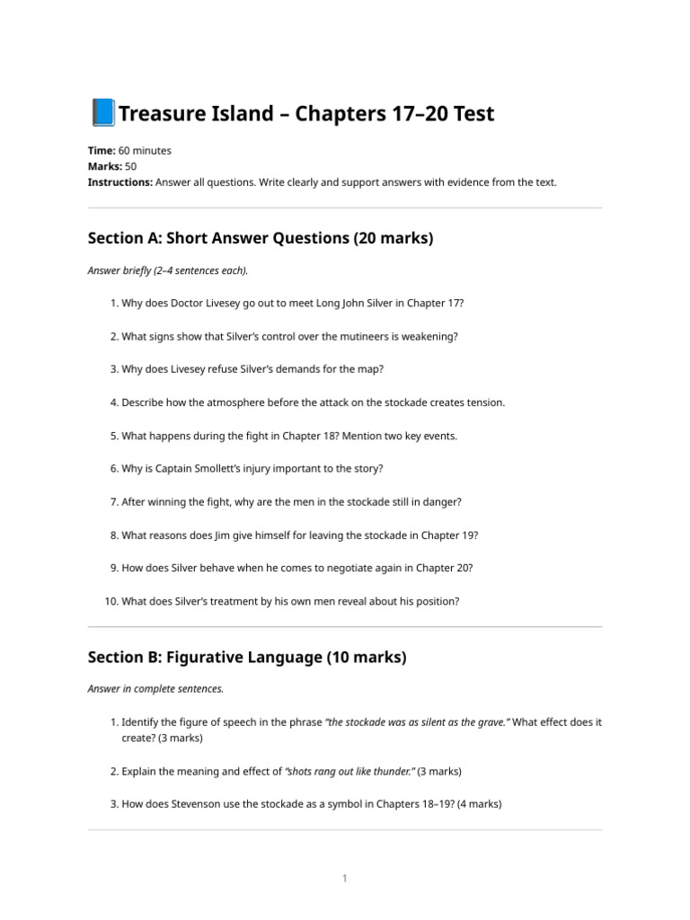 Treasure Island Chapters 17-20 Test (Short & Long Questions) | PDF ...