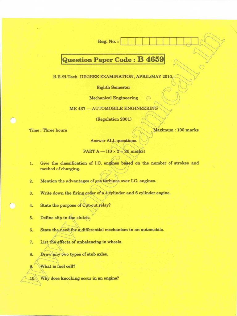 Automobile Engineering Question Papers | PDF
