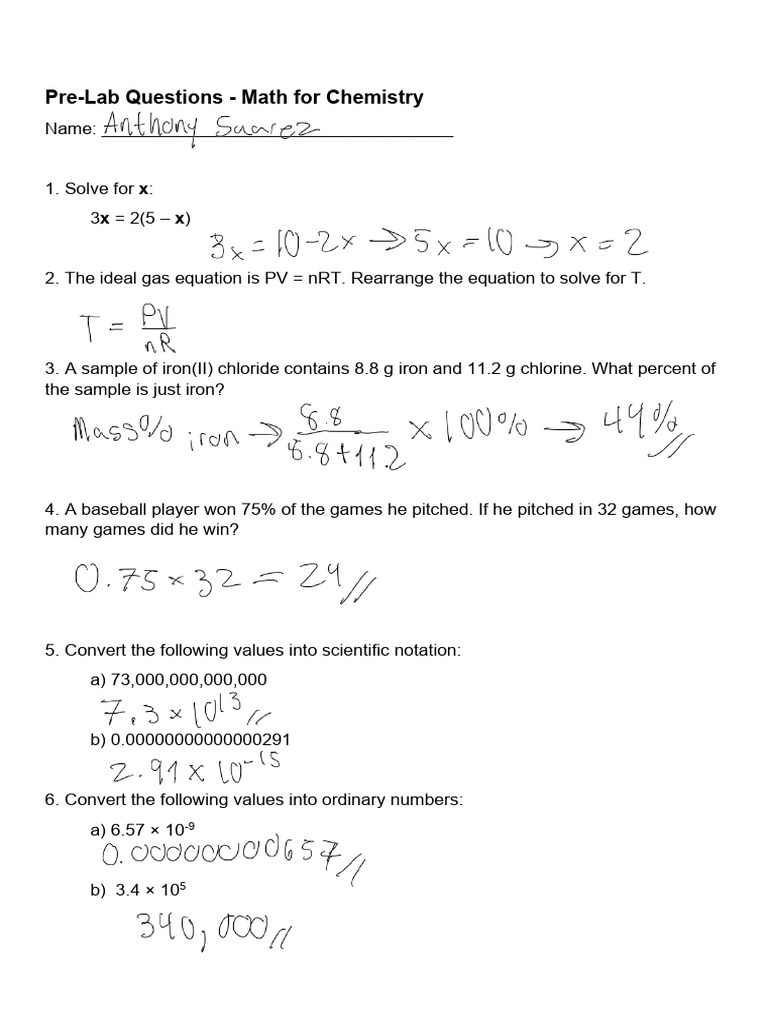 Pre Lab Math+for+Chemistry | PDF