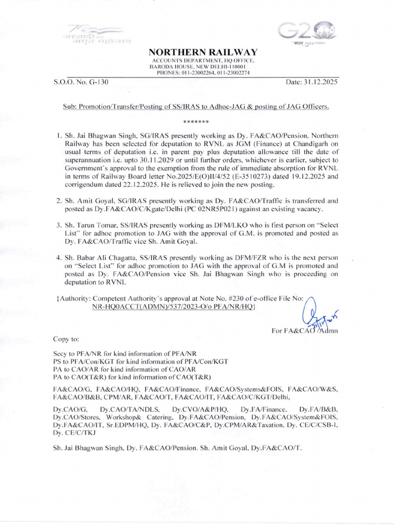SOO No G 130 Dated 31-12-2025 Promotion - Transfer Posting of JAG ...