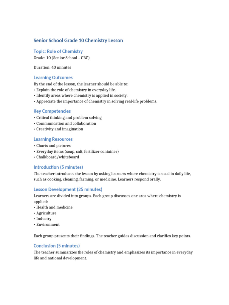 Grade 10 Role of Chemistry Lesson Plan | PDF