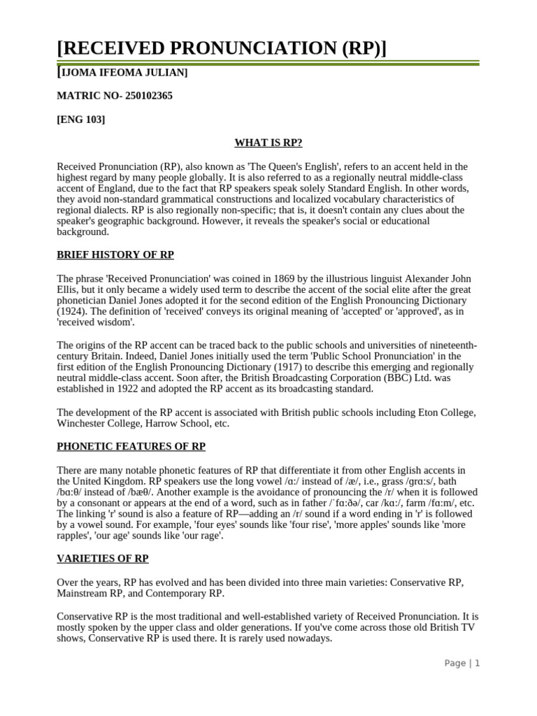 Received Pronunciation Assignment Eng 103 | PDF | English Language ...