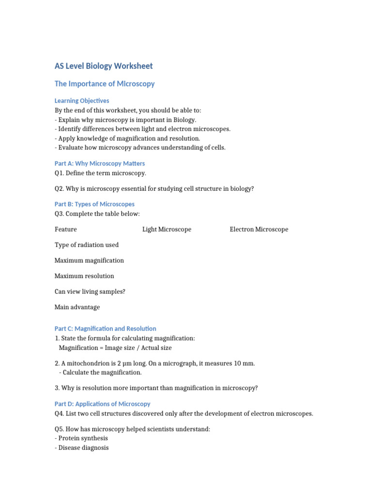 As Biology Microscopy Worksheet | PDF
