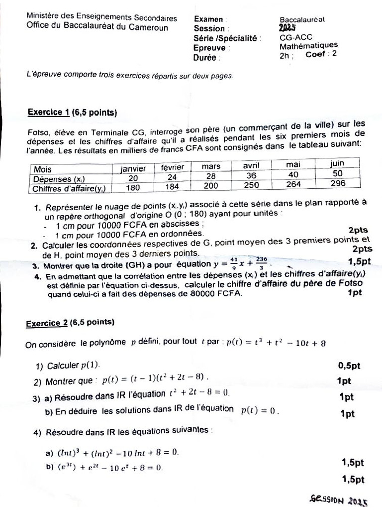 Maths Bac Acc Cg 2025 Cameroun | PDF