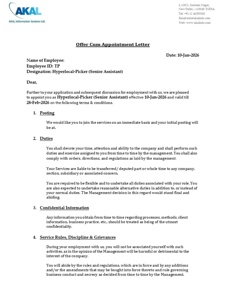 TP Sample - TELANGANAOffer Letter | PDF | Employment | Contractual Term