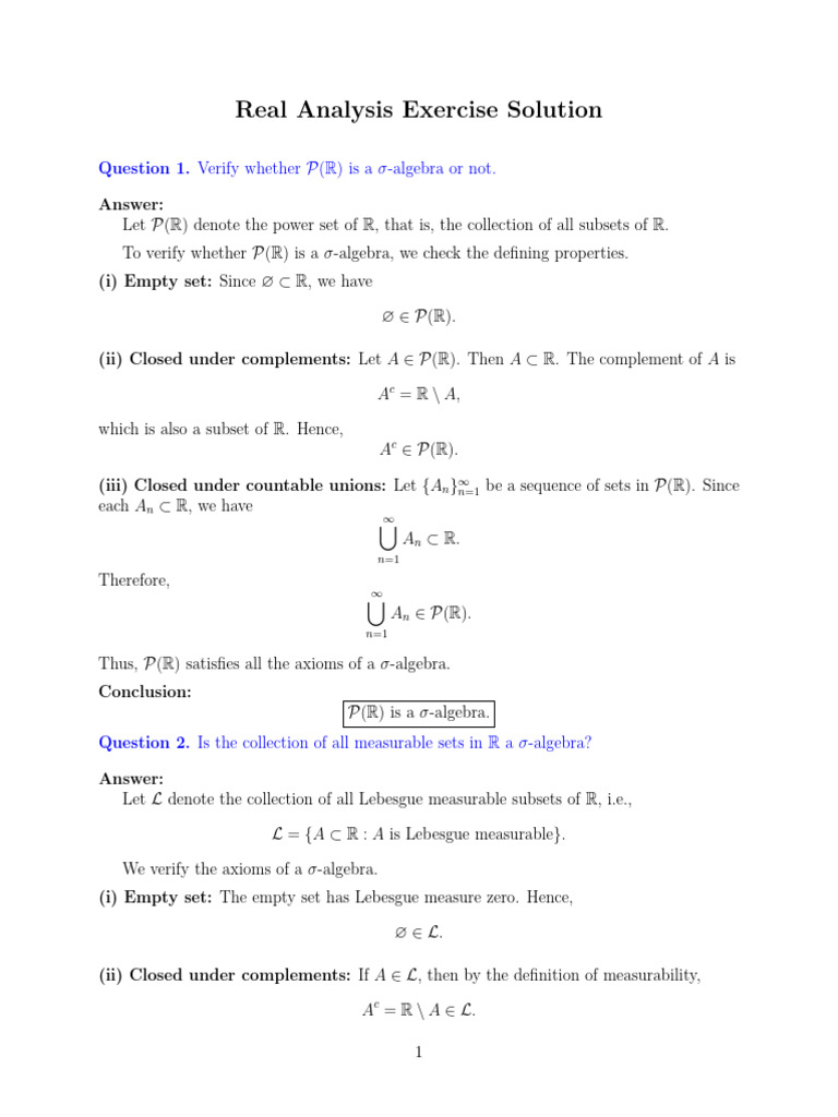 Real Analysis Exercise Solution | PDF | Measure (Mathematics) | Set ...