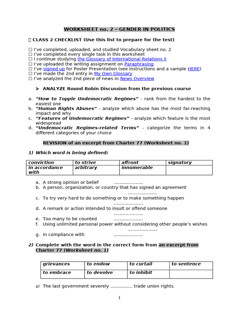 Worksheet No.2-Gender in Politics | PDF | Political Science | Justice