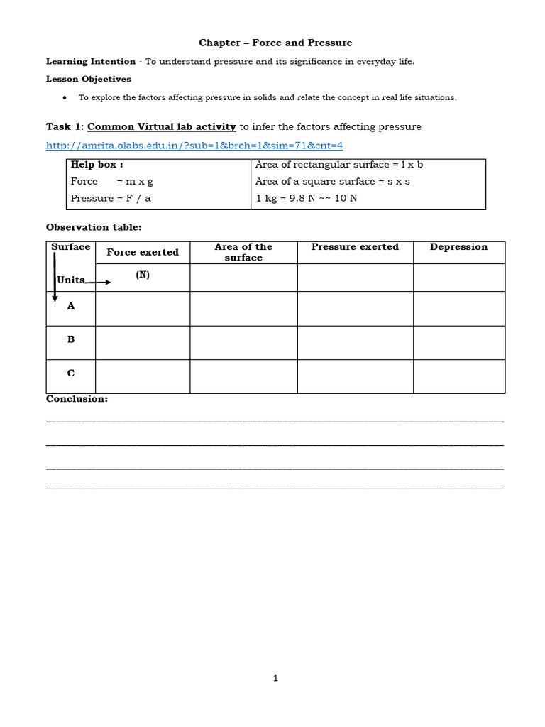 Worksheet - Force and Pressure | PDF | Weight | Force
