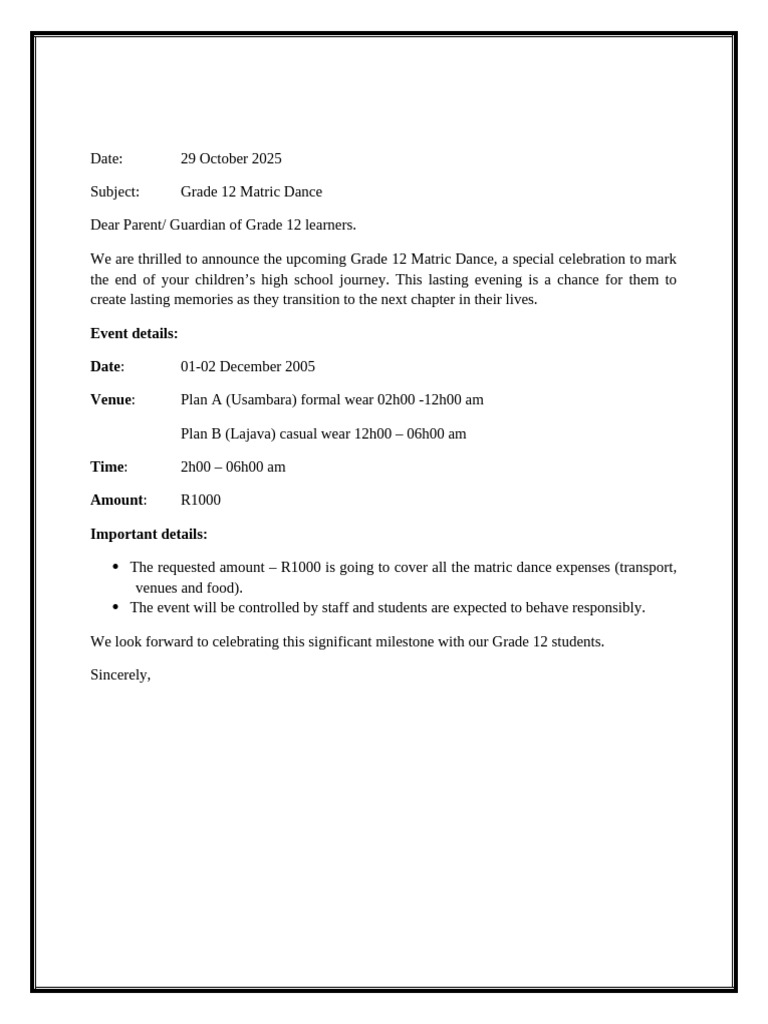 Matric Dance Letter | PDF