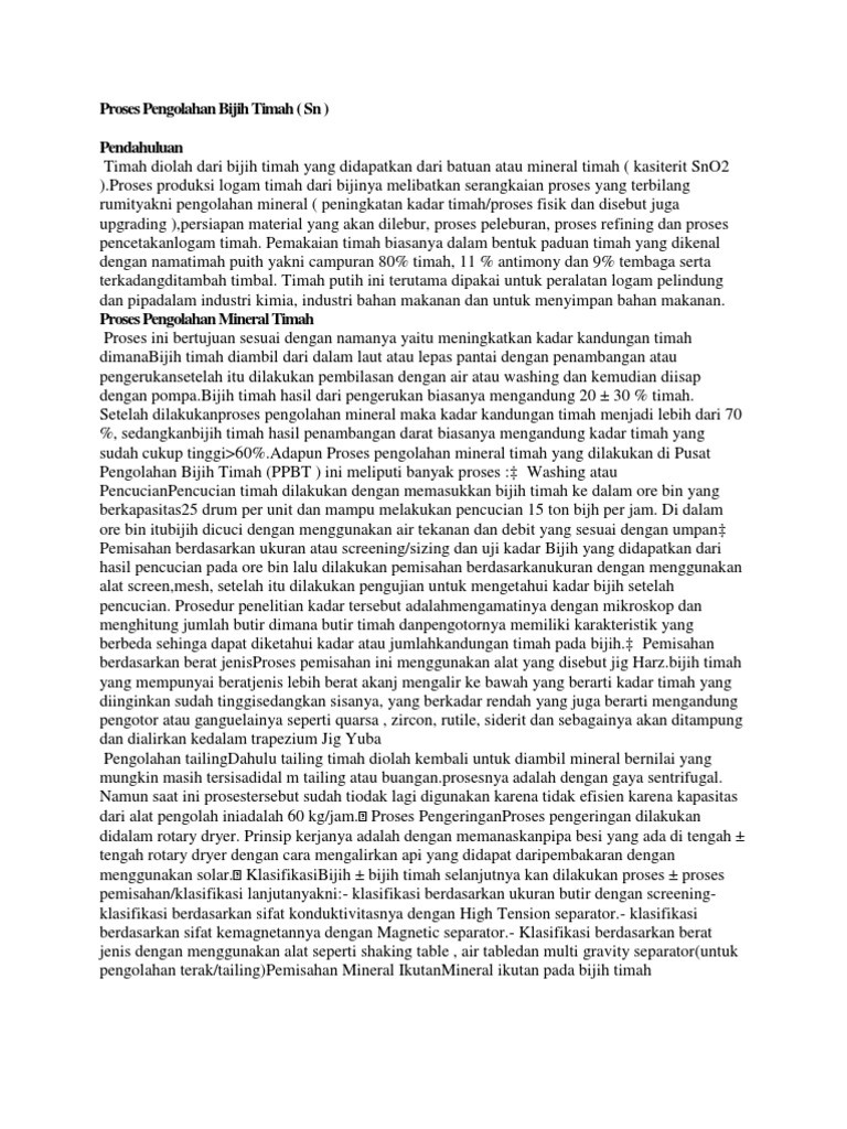 Proses Pengolahan Bijih Timah Sn | PDF