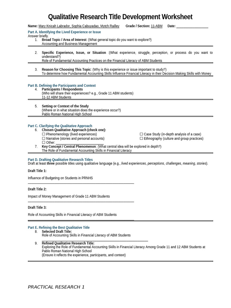 PR1-RESEARCH-TITLE-WORKSHEET | PDF | Qualitative Research | Experience