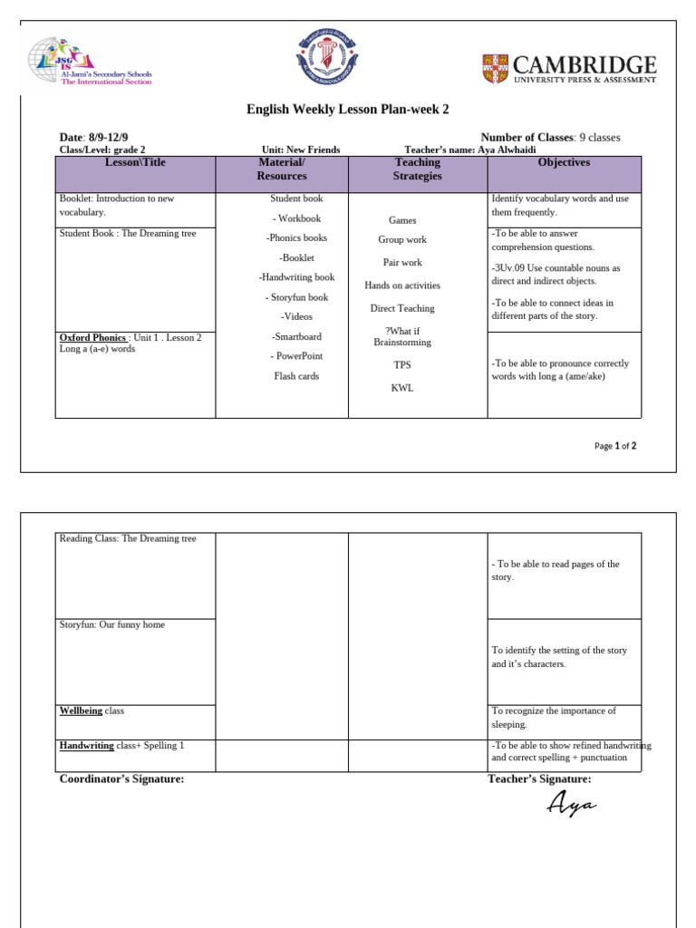 English Lesson Plan Week 2 | PDF | Pedagogy | Written Communication