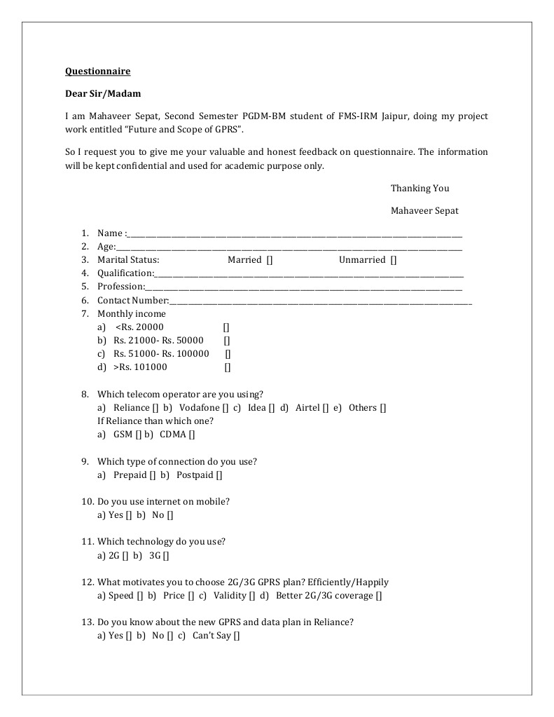 Reliance GPRS Feedback Questionnaire | PDF | Career & Growth | Business