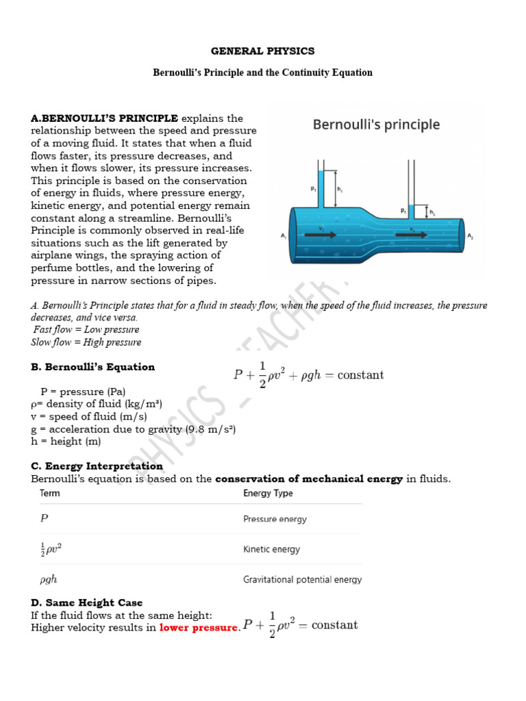Bernoullis Principle and Continuity Equation | PDF | Fluid Dynamics ...