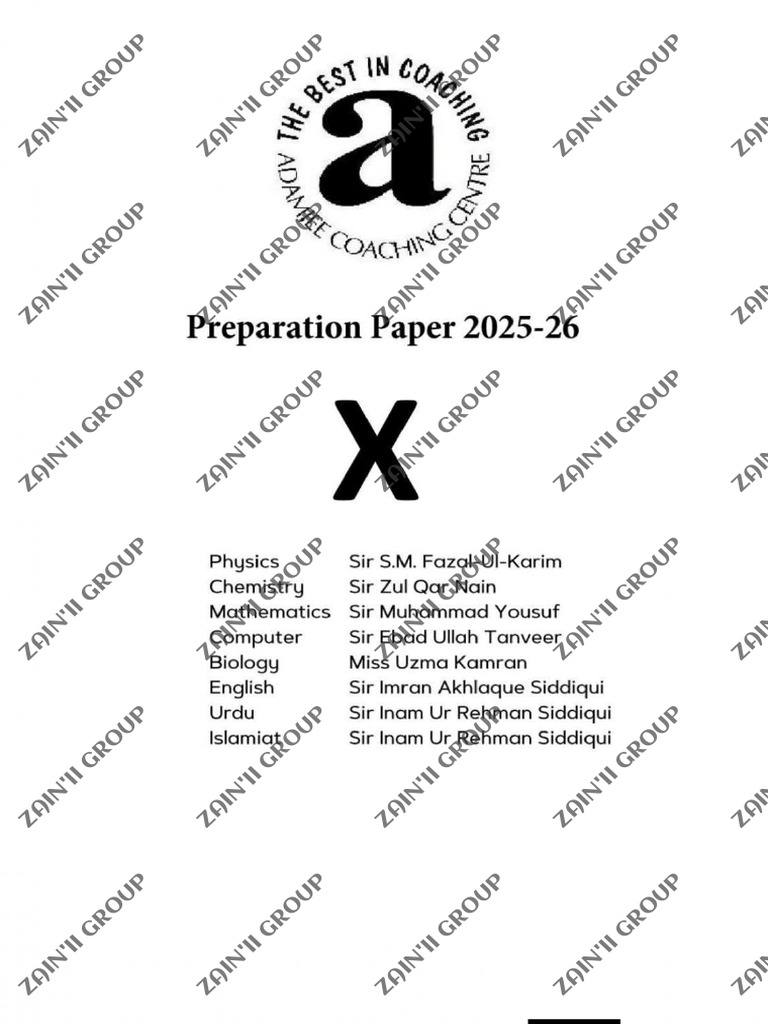 X - Adamjee Preparation Paper 2026 by Zain'II Group | PDF