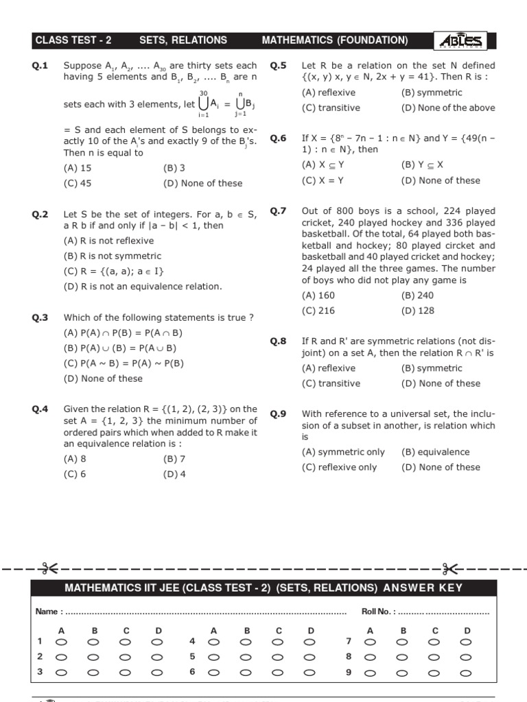 Class Test - 2 Sets, Relations Mathematics (Foundation) | PDF ...