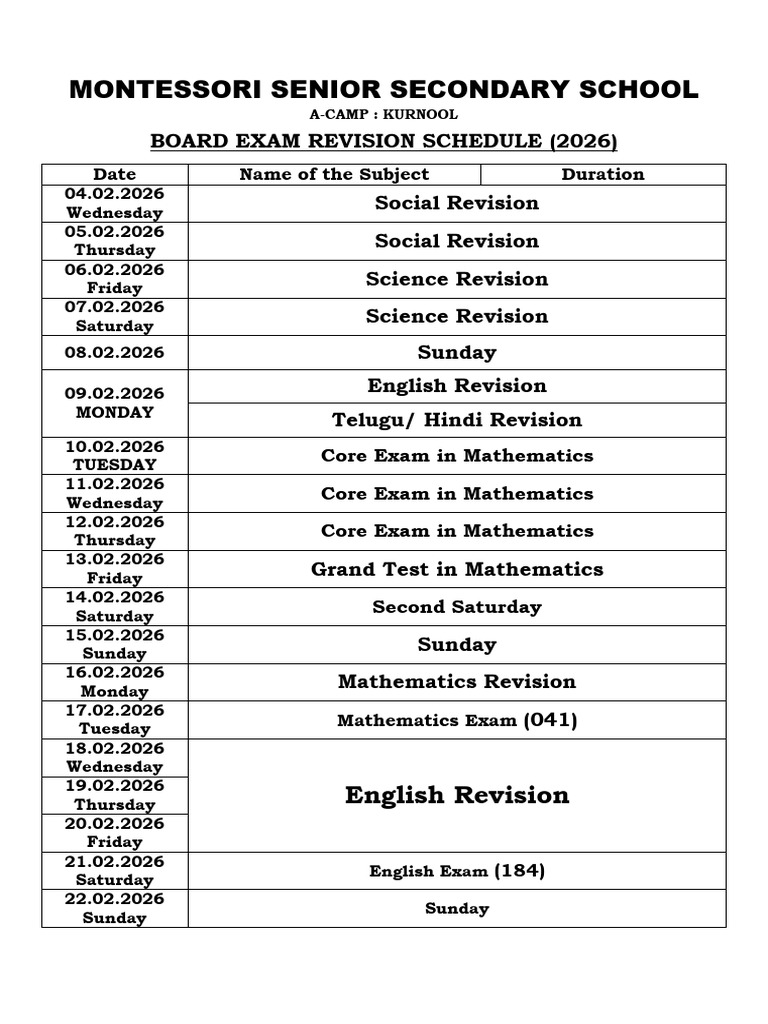 Board Exam Revision Schedule - 2026 | PDF